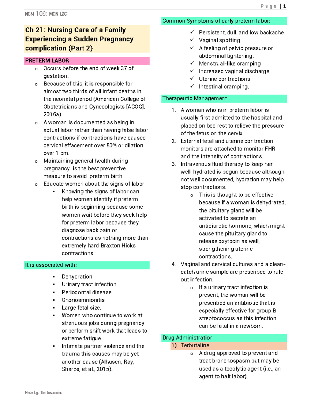 NCM 109: Chapter 21 Nursing Care for Sudden Pregnancy Complications, Pt ...