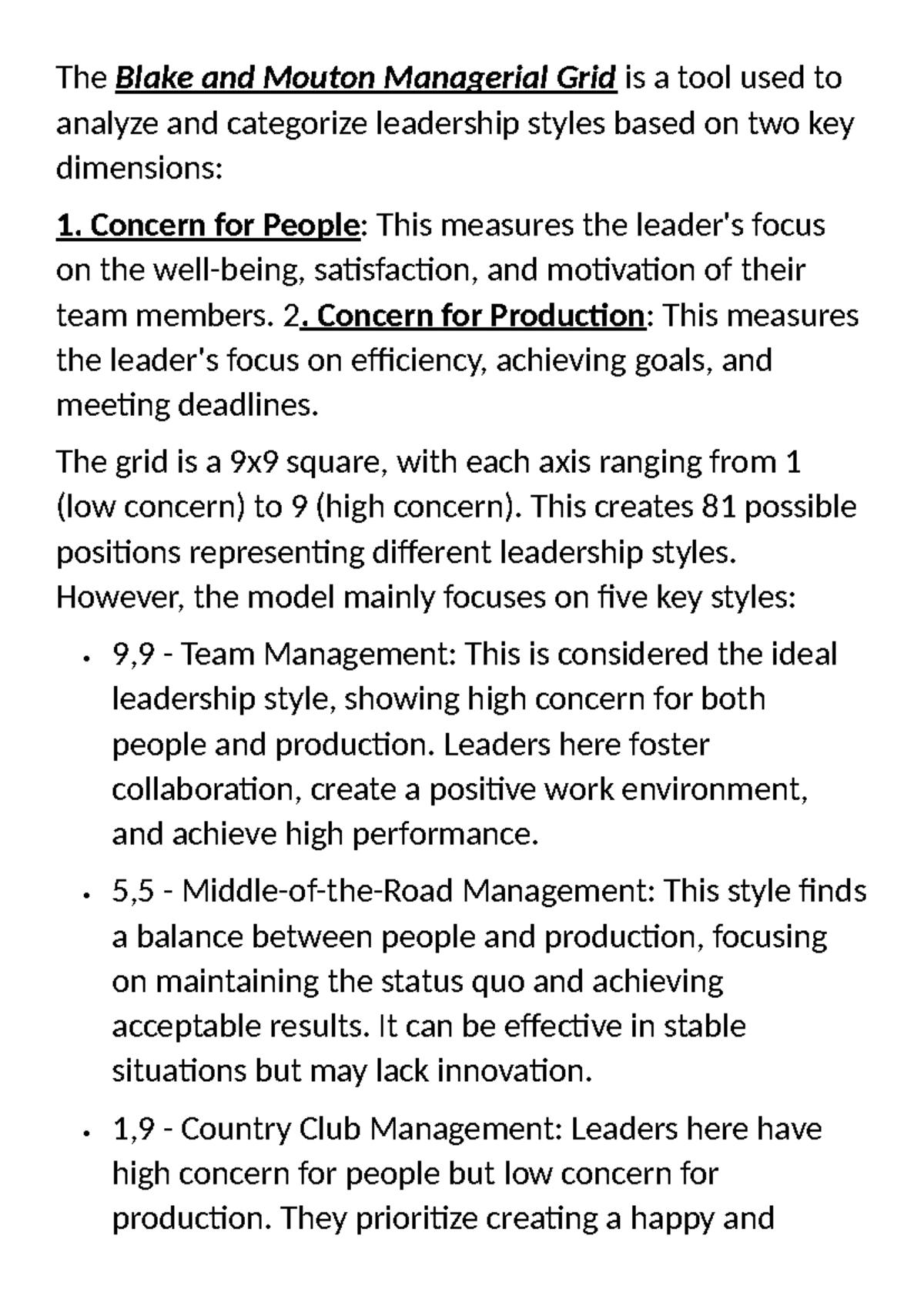 Blake and Mouton Managerial Grid: Leadership Styles Explained - Studocu