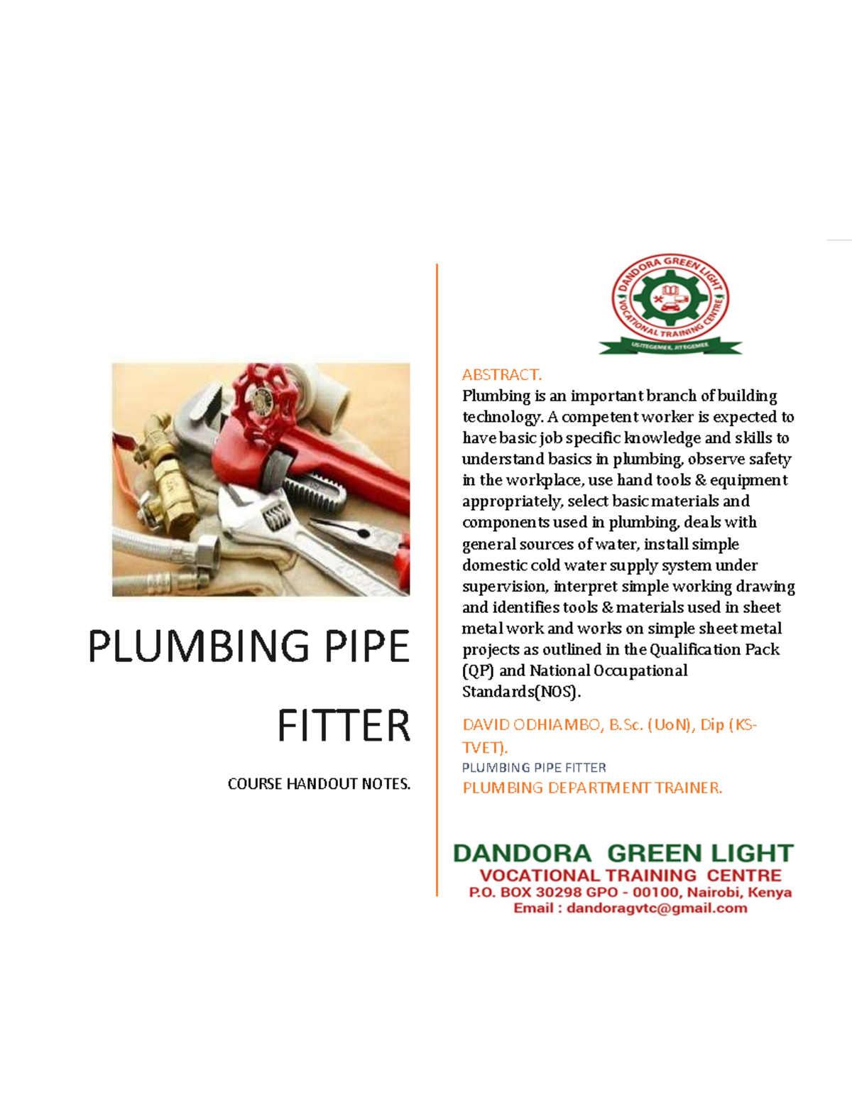 Shofcoah Notes - Page | - 0 - PLUMBING PIPE FITTER COURSE HANDOUT NOTES ...