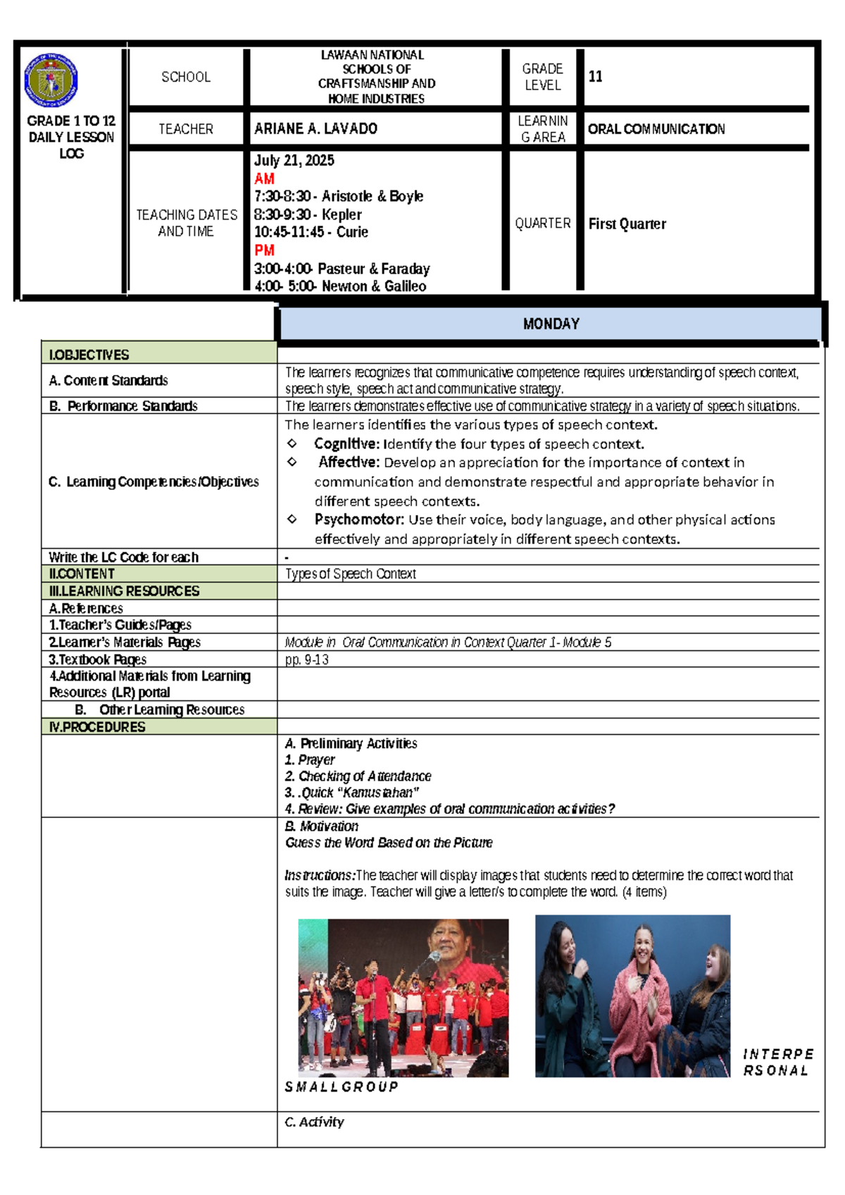 Grade 11 Oral Communication Daily Lesson Log (1st Quarter) - Studocu