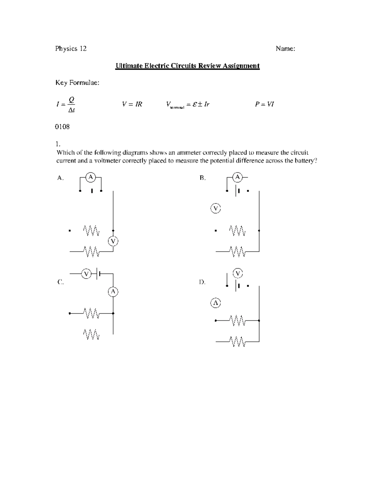Physics 12: Ultimate Electric Circuits Review Assignment - Studocu