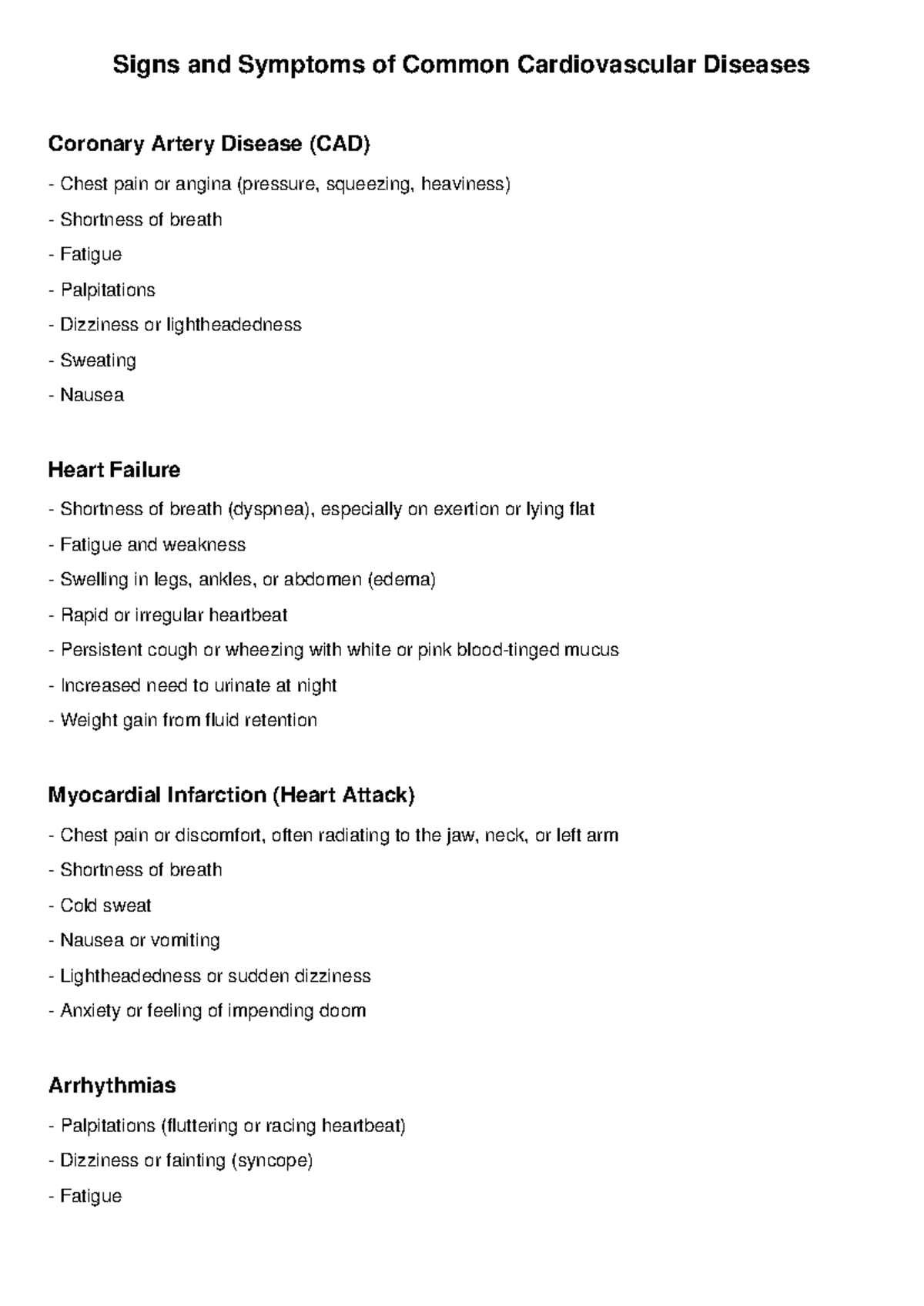 Signs and Symptoms of Cardiovascular Diseases: CAD, Heart Failure, MI ...