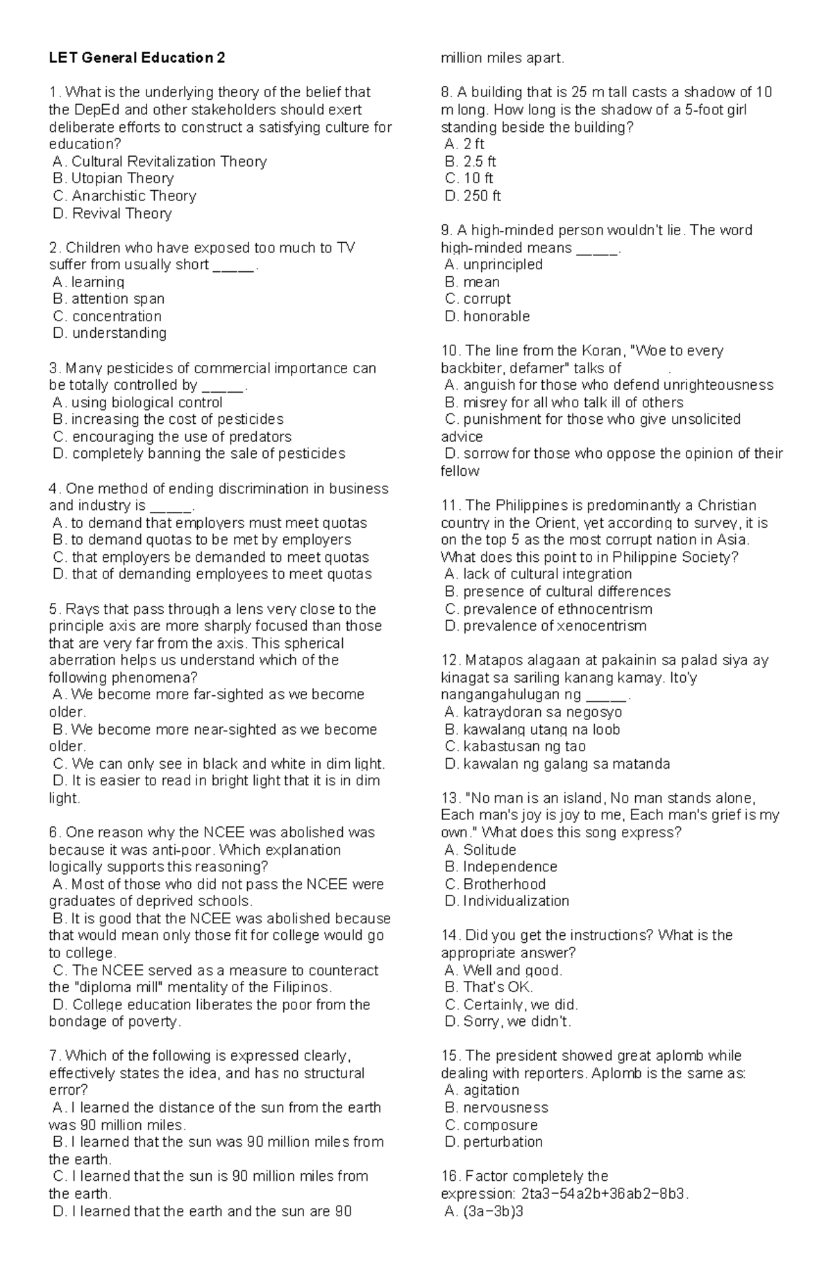 LET General Education 2: Comprehensive Exam Review Notes - Studocu