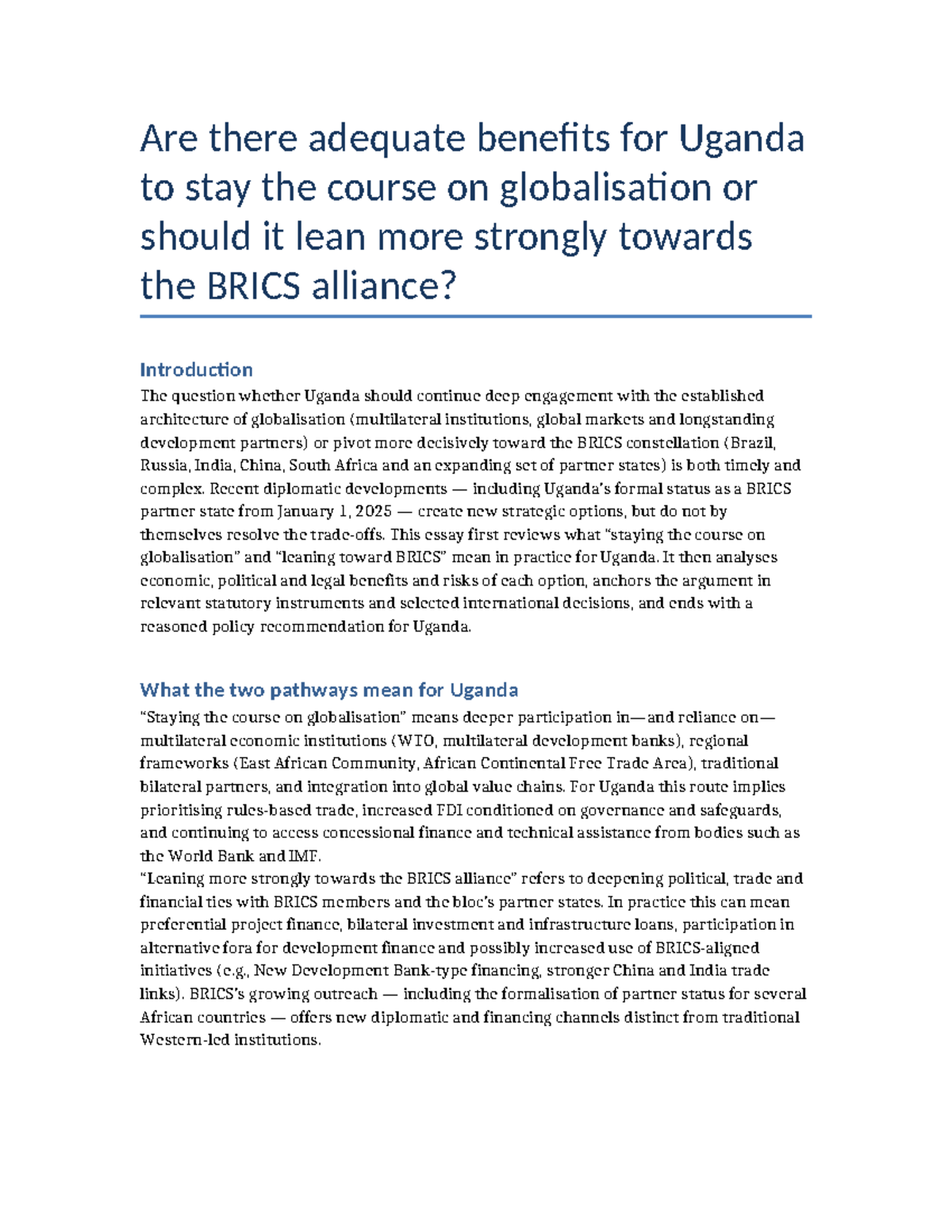 Uganda's Globalisation vs BRICS: A Strategic Analysis Essay - Studocu