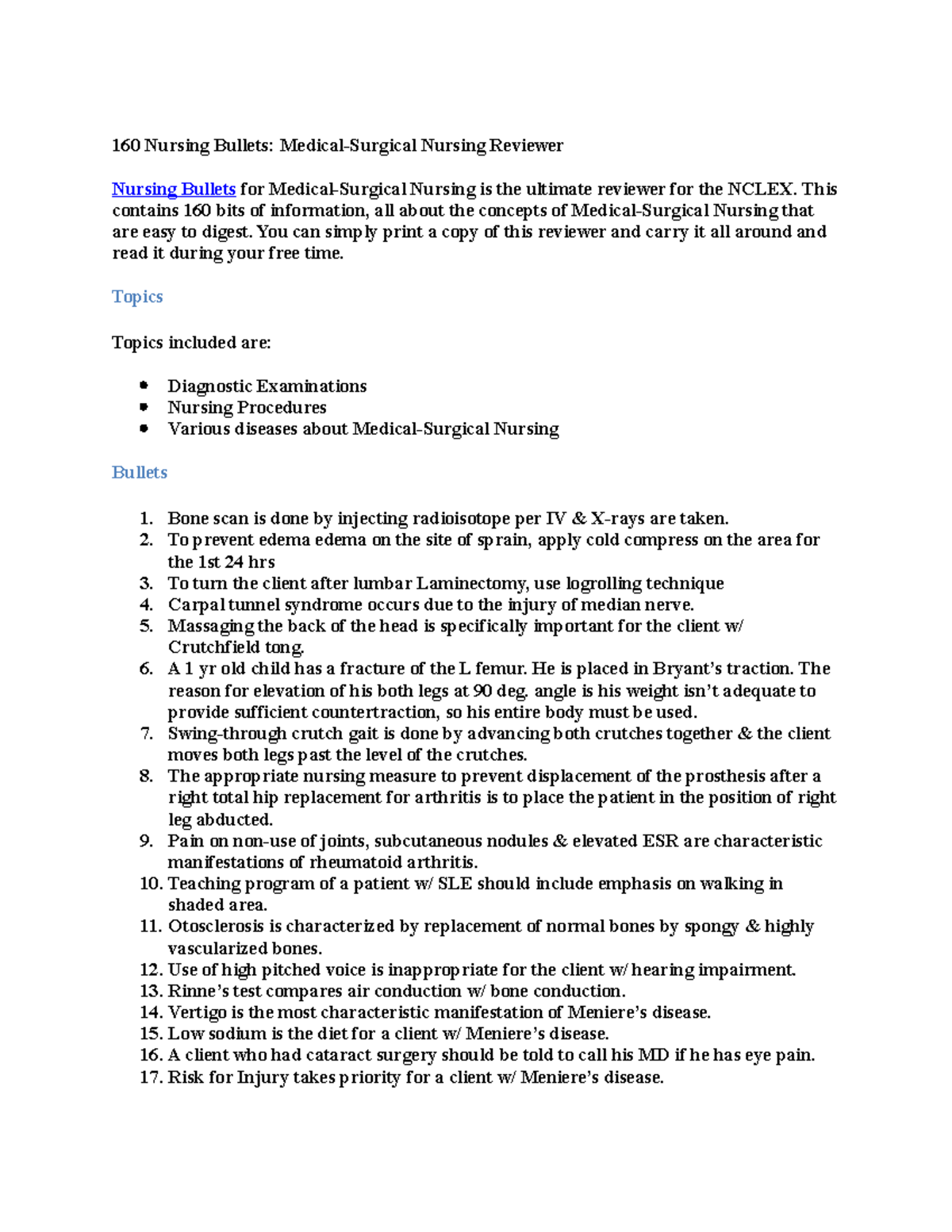160 Nursing Bullets: Medical-Surgical NCLEX Review Guide - Studocu