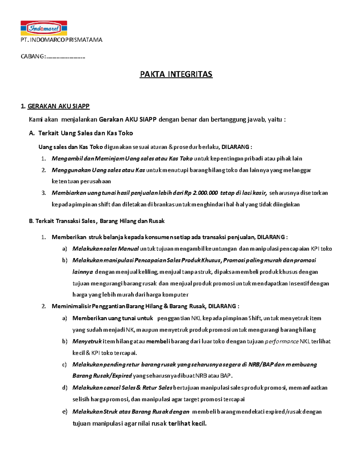 Pakta Integritas Gerakan AKU SIAPP 2024 - PT. Indomarco - Studocu