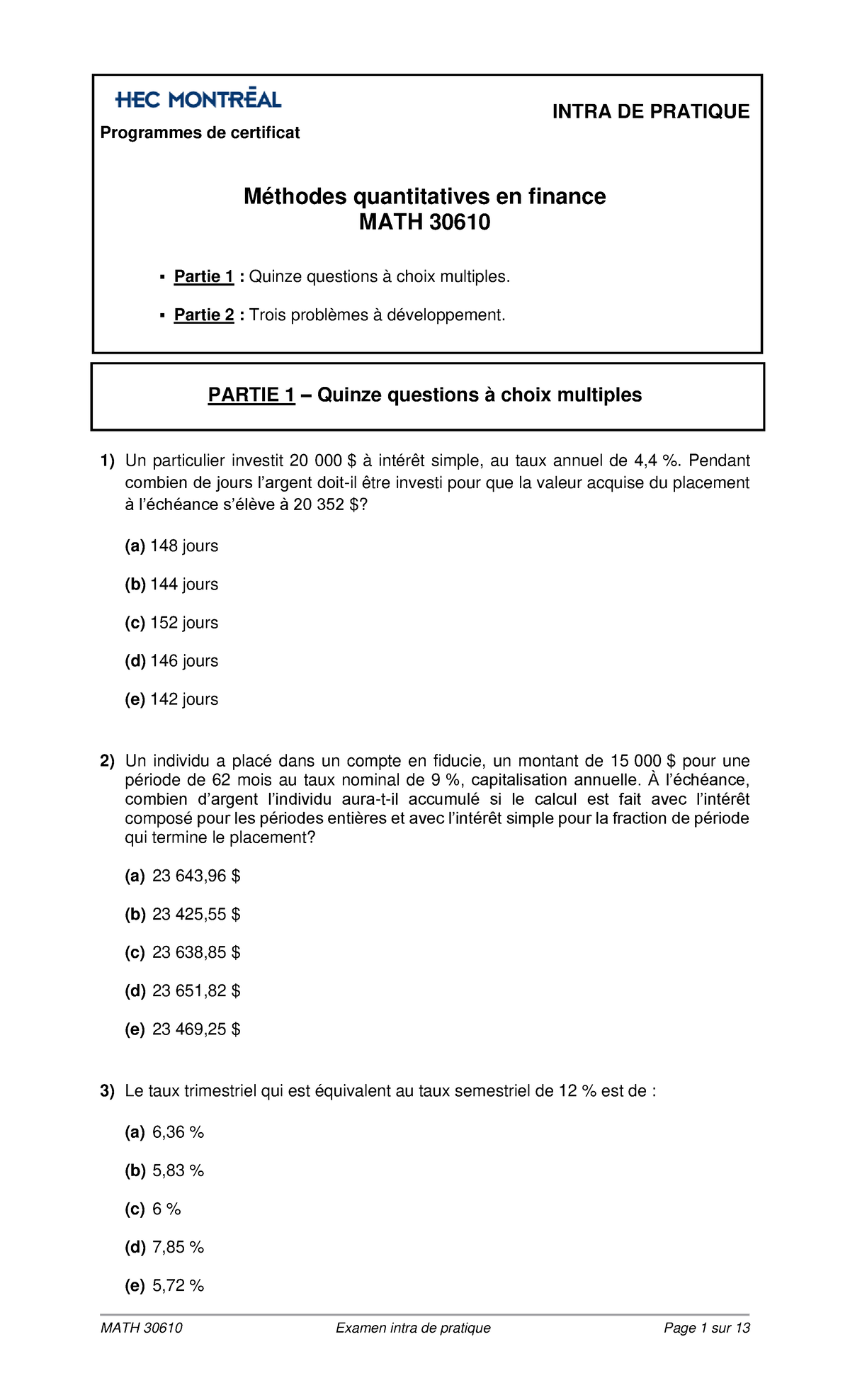 MATH 30610 Examen Intra de Pratique: Questions et Problèmes - Studocu
