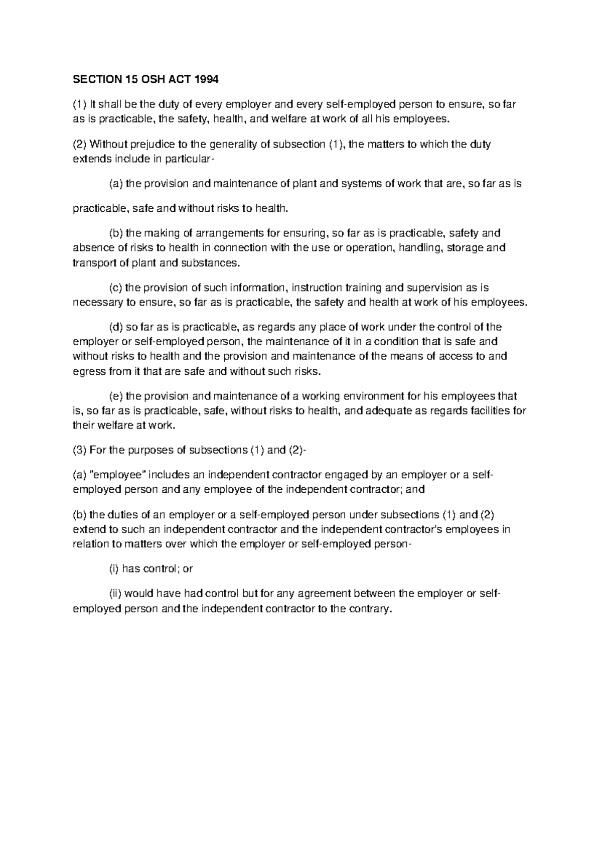 Section 15 of the OSH Act 1994 - Employer Responsibilities & Duties ...