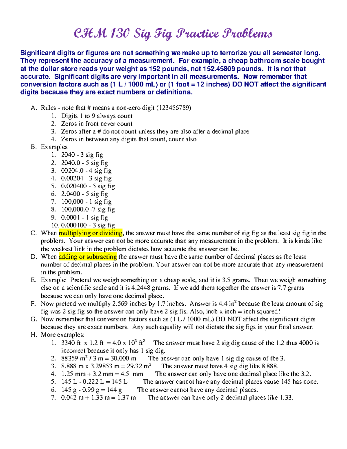 Sig Fig worksheet - CHM 130 Sig Fig Practice Problems Significant ...
