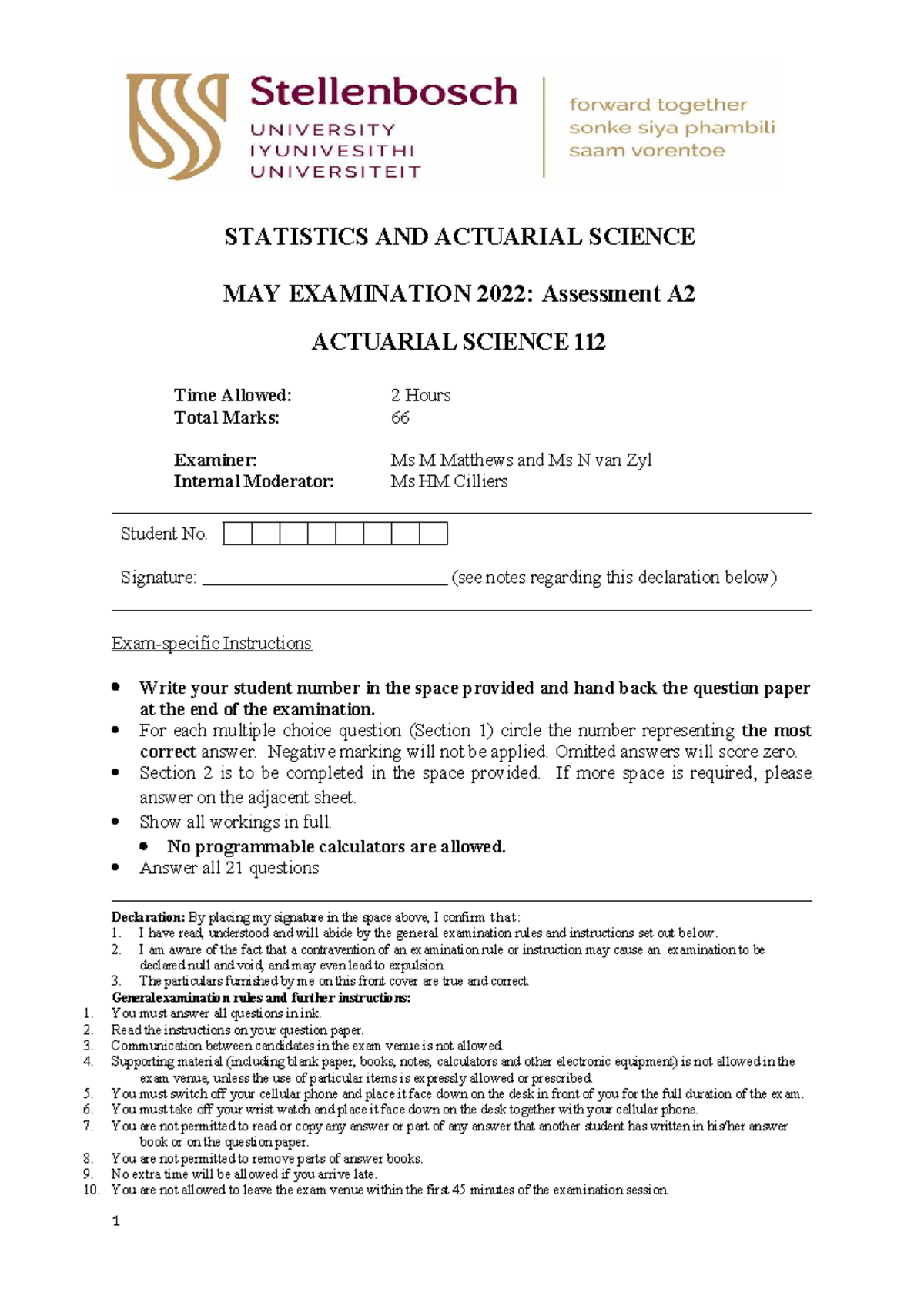 STATISTICS AND ACTUARIAL SCIENCE 112: A2 Final Exam Solutions 2022 ...