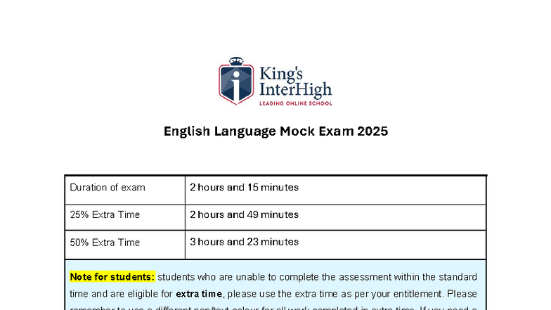 ELA Mock Exam 2025: English Language Mock Exam Questions - Studocu