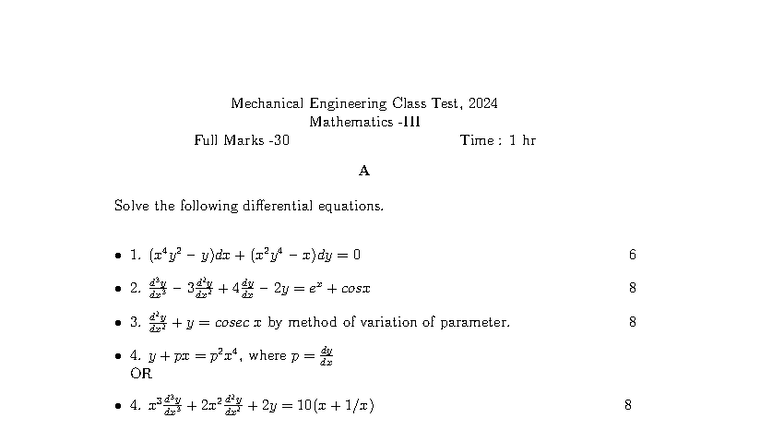 MATH III Mechanical Engineering Class Test 2024: Differential Equations ...