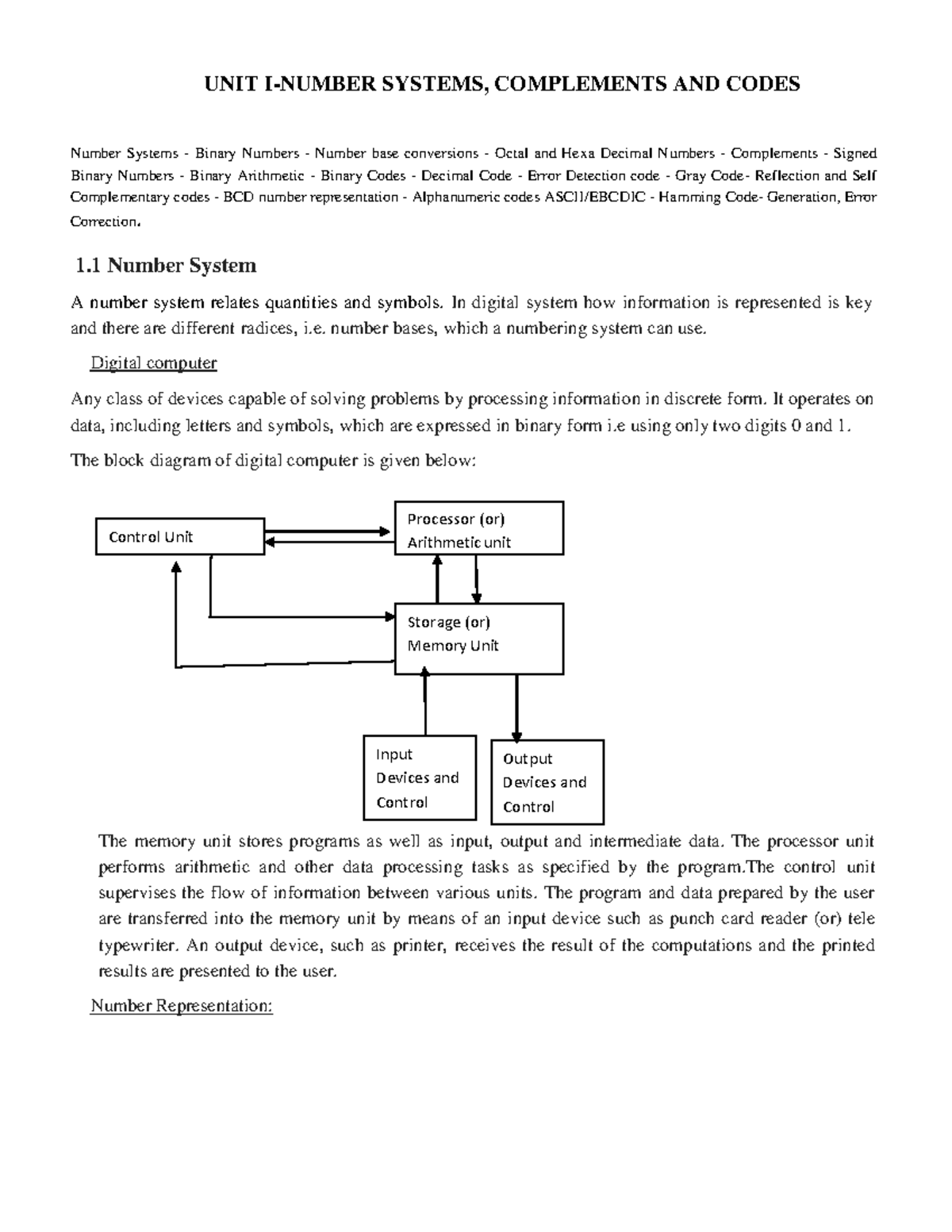 NUMBER SYSTEMS, COMPLEMENTS AND CODES - UNIT I-NUMBER SYSTEMS ...