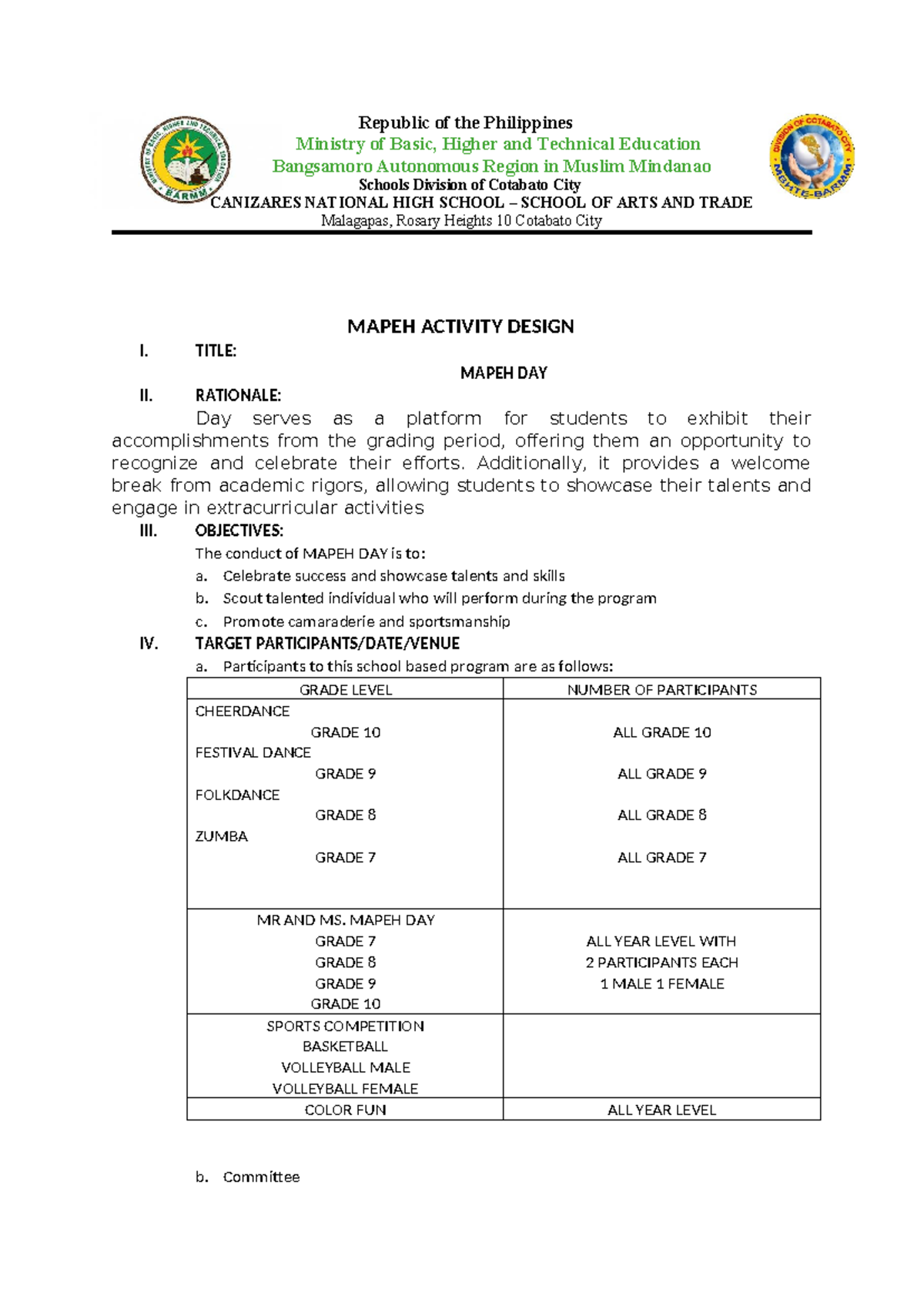 MAPEH Activity Design: Intramurals 2024 & 2025 at Canizares National High School - Studocu