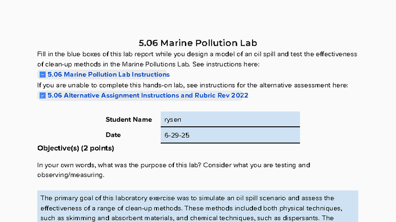 5.06 Marine Pollution Lab Report: Oil Spill Simulation & Methods ...