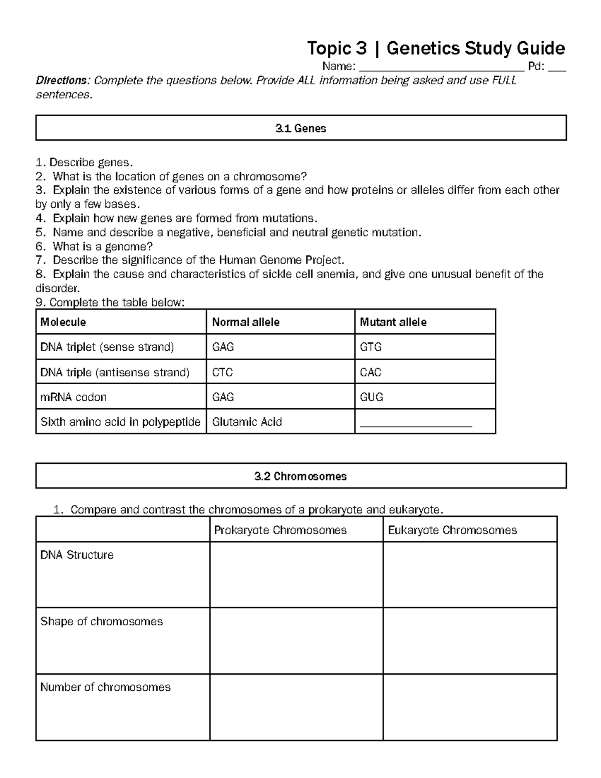 Topic 3 Genetics Study Guide: Key Concepts and Questions - Studocu