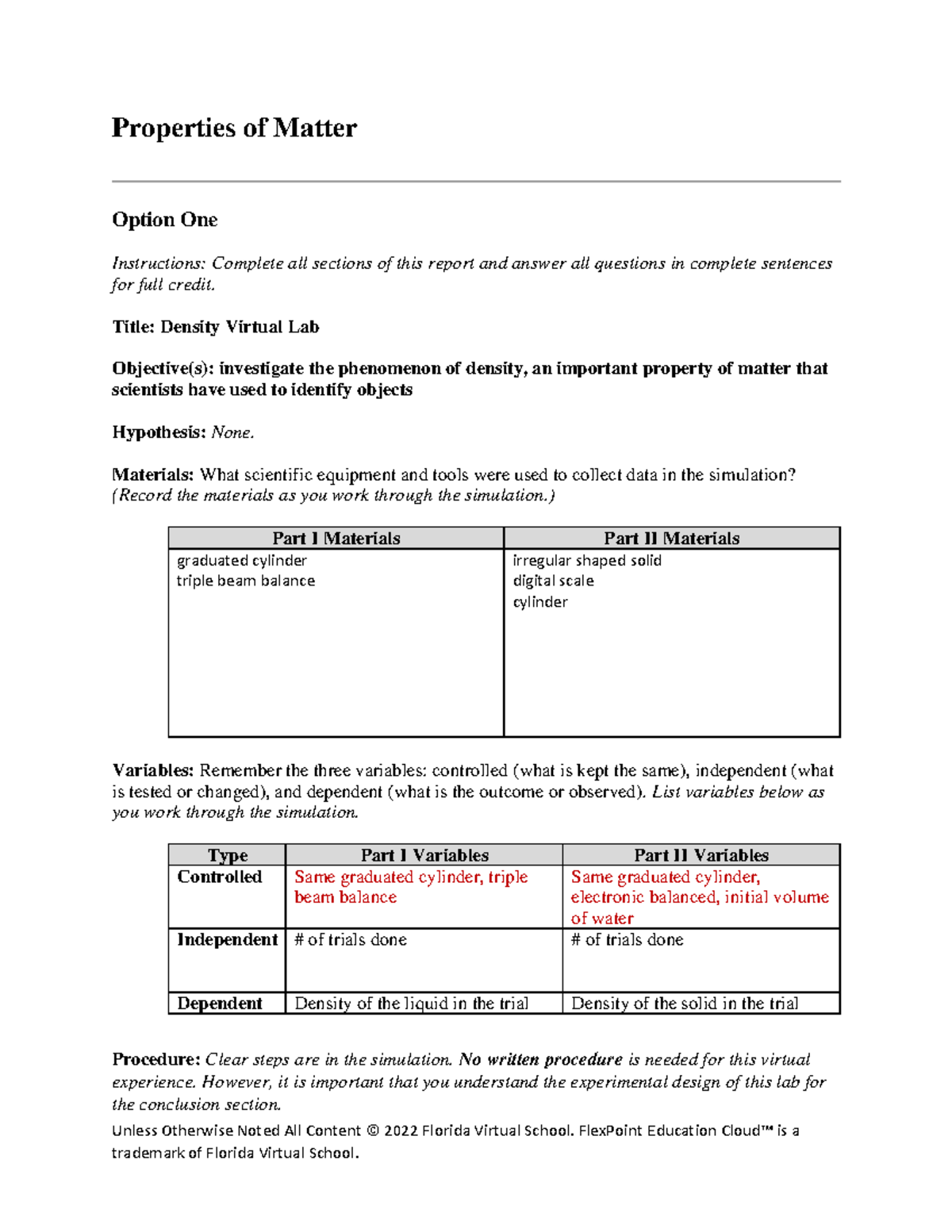 Properties matter option one report - Unless Otherwise Noted All ...