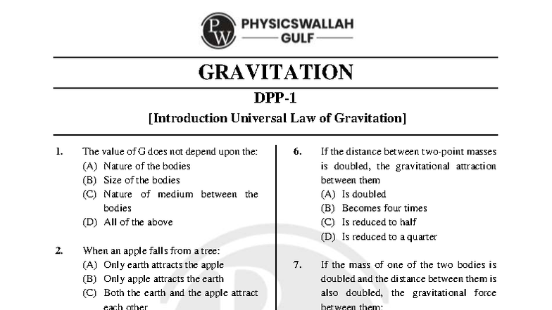 DPP-01 Universal Law of Gravitation Quiz - Physics 9th Gulf - Studocu