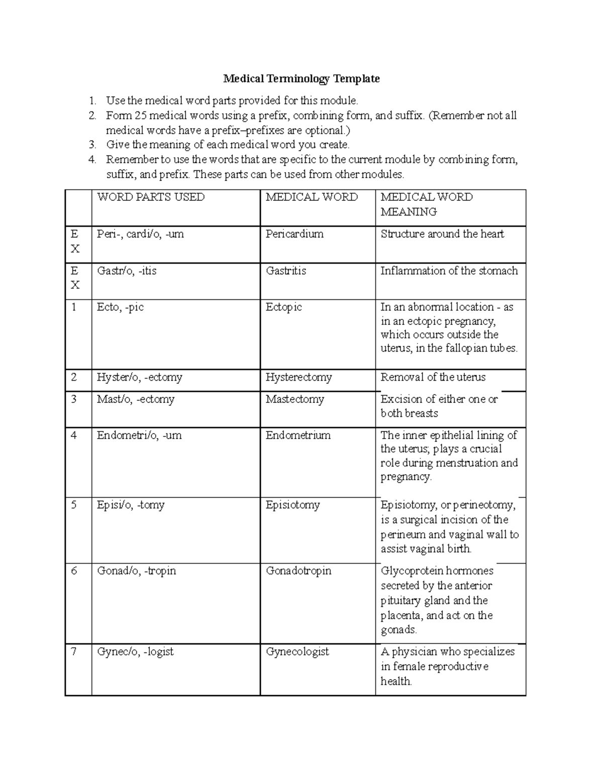 Medical Terminology Template #7: Creating 25 Medical Words - Studocu
