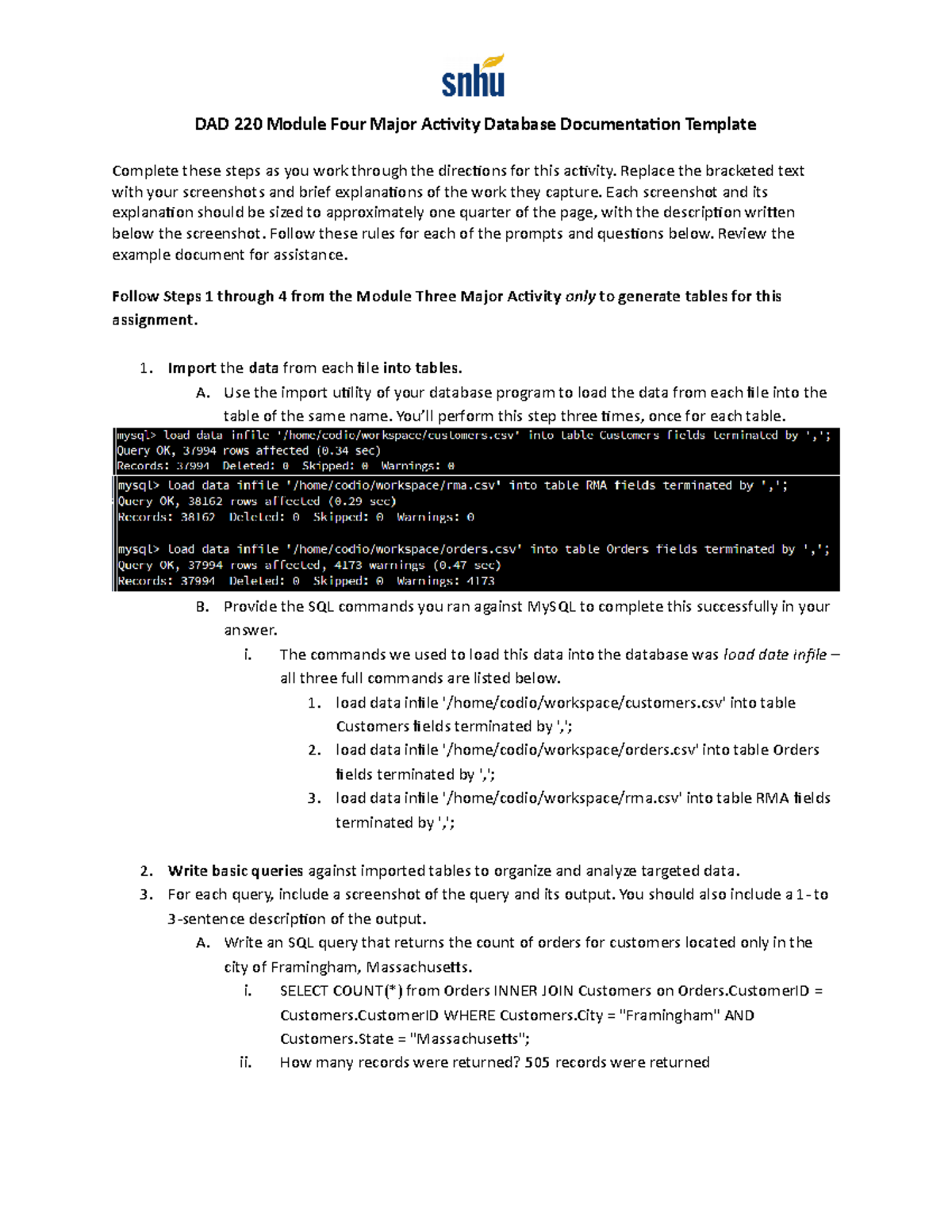DAD 220 Module Four Major Activity Database Documentation - Replace the ...