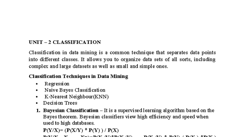 DATA Mining UNIT-2: Classification Techniques Overview - BCA 4th Sem ...