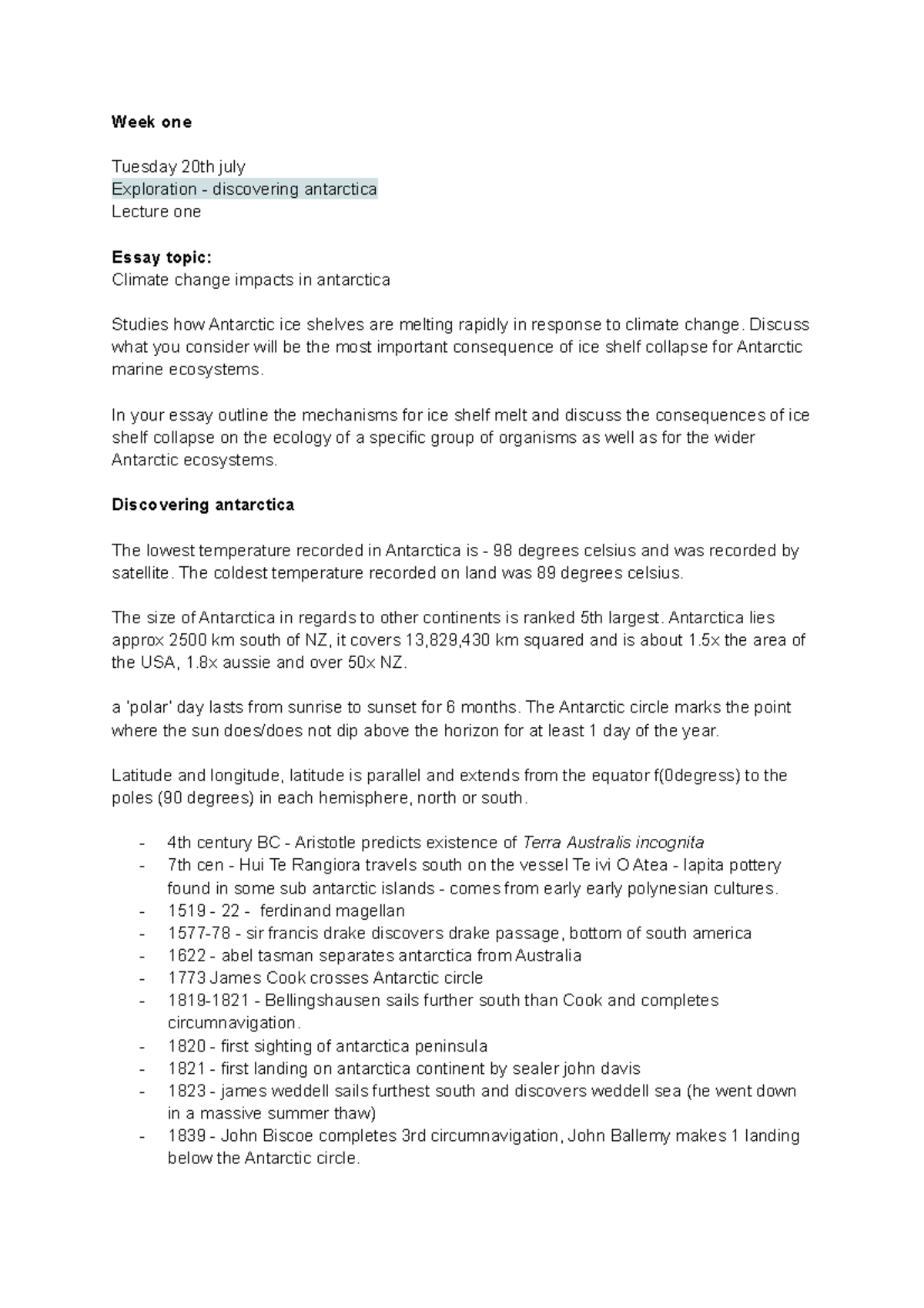Antartica LECT Notes - Week one Tuesday 20th july Exploration ...
