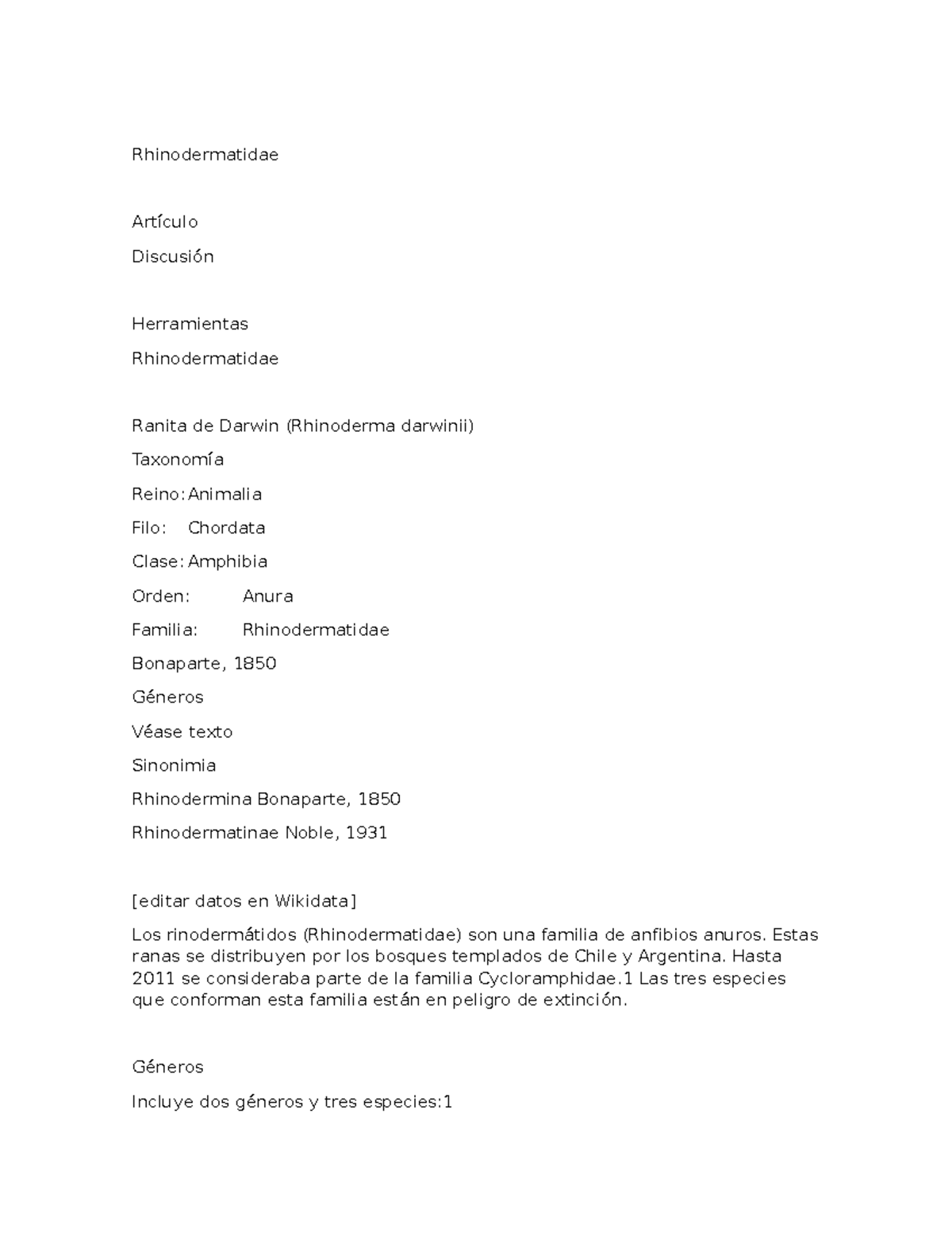 Rhinodermatidae: Taxonomía y Conservación de Anfibios Anuros - Studocu