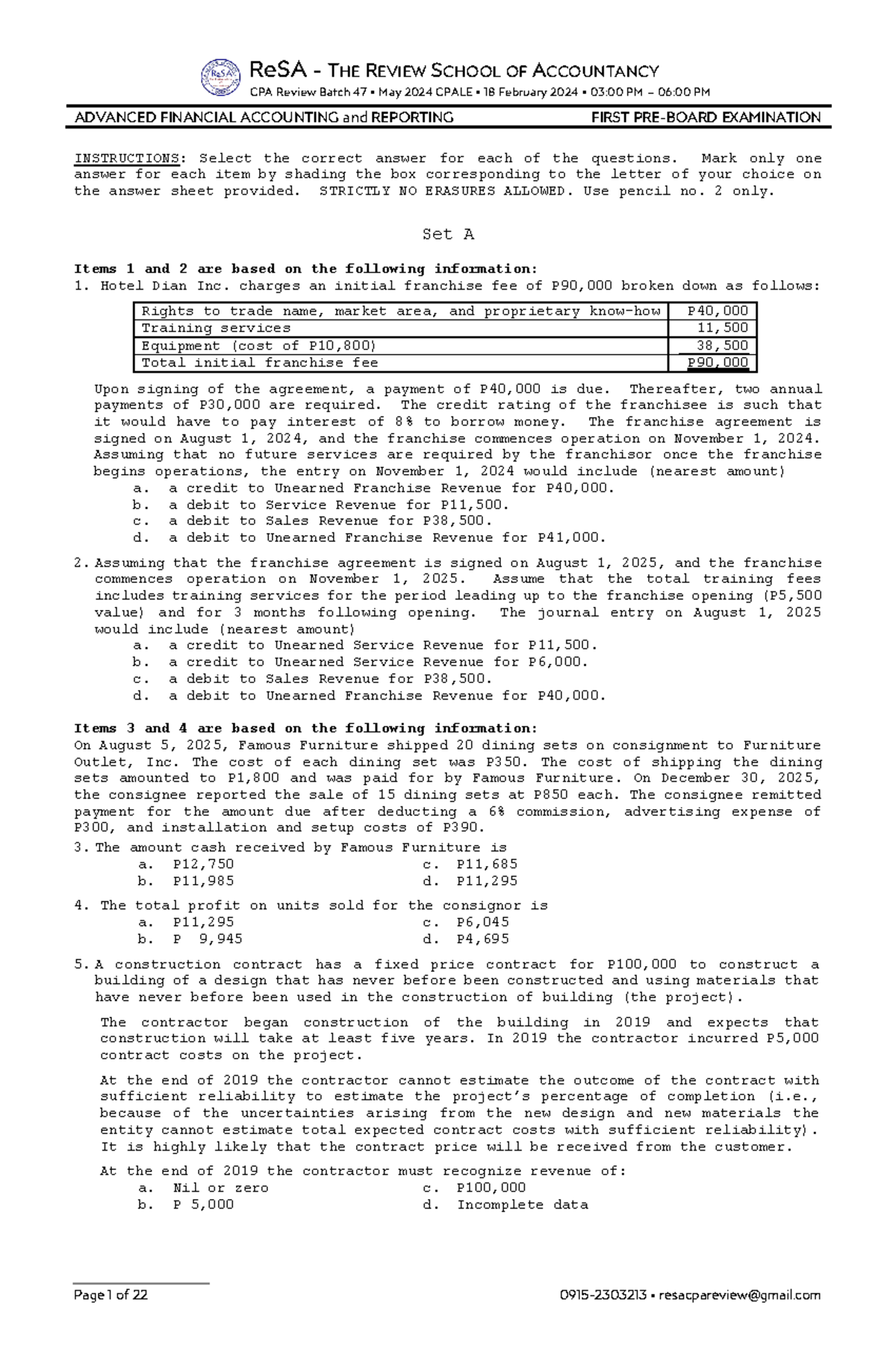 AFAR First Pre-Board Exam with Answer Key - CPALE Batch 4 May 2024 ...