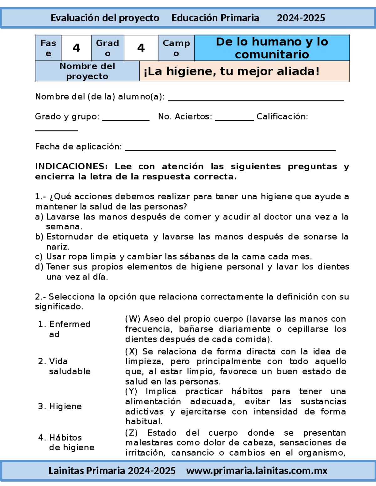 4to Grado Examen De Higiene Tu Mejor Aliada 2024 2025 Studocu