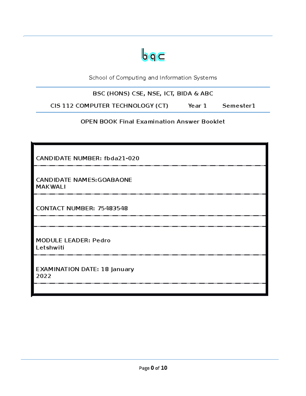 CT BSC CSE Open Book Final Exam Answer Booklet - Jan 2022 - Studocu