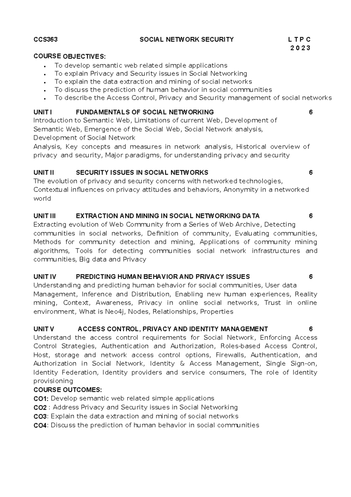CCS363 Social Network Security Syllabus - 5 Units Overview - Studocu