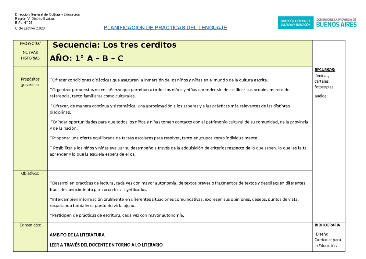 LOS TRES Cerditos - PLANIFICACIÓN DE ACTIVIDADES 1° A-B-C - Studocu