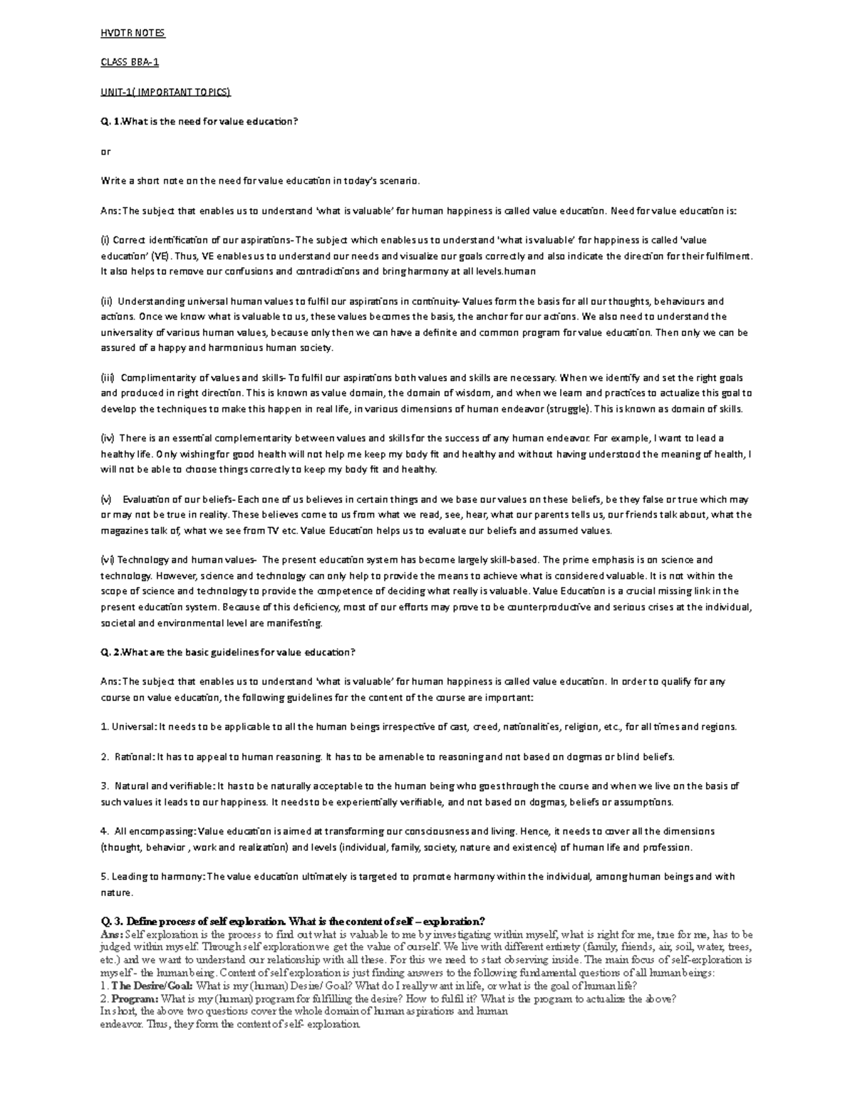 UNIT 1 Value Education - HVDTR NOTES CLASS BBA- UNIT-1( IMPORTANT ...