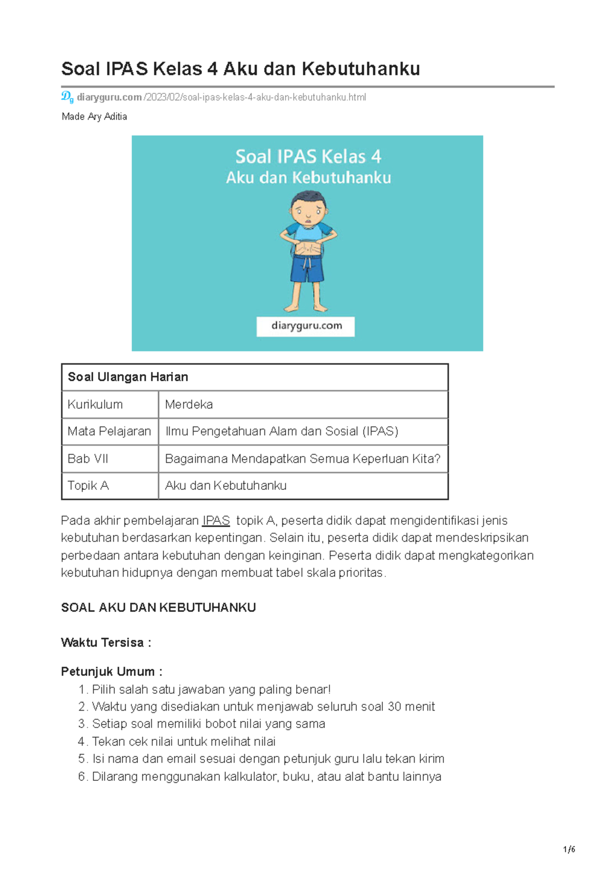 Soal Ulangan Harian IPAS Kelas 4: Kebutuhan dan Keinginan - Studocu