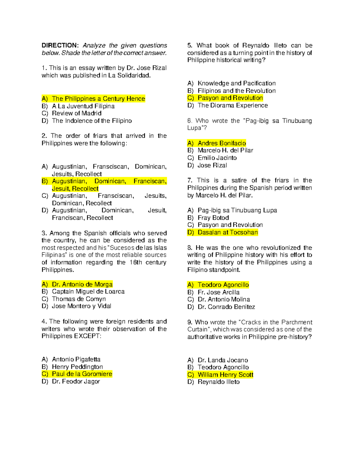 Philippine History Quiz Questions and Analysis for Study Guide - Studocu