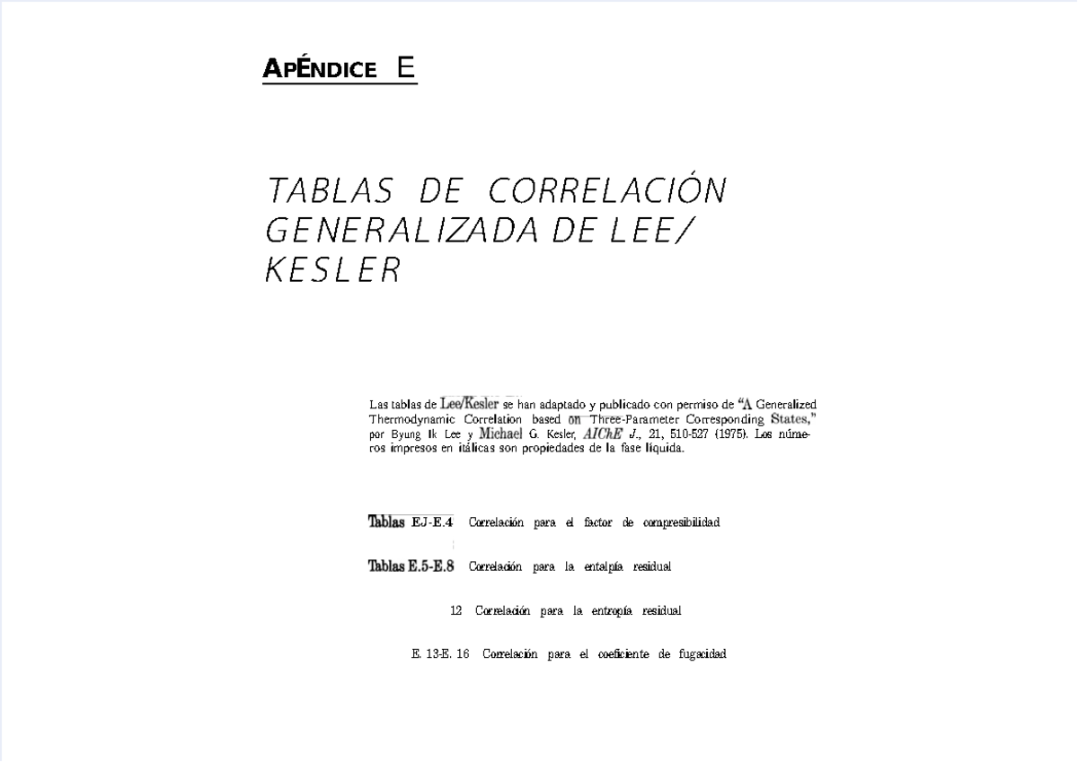 Tablas de Correlación Generalizadas de Lee-Kesler - Apéndice E - Studocu