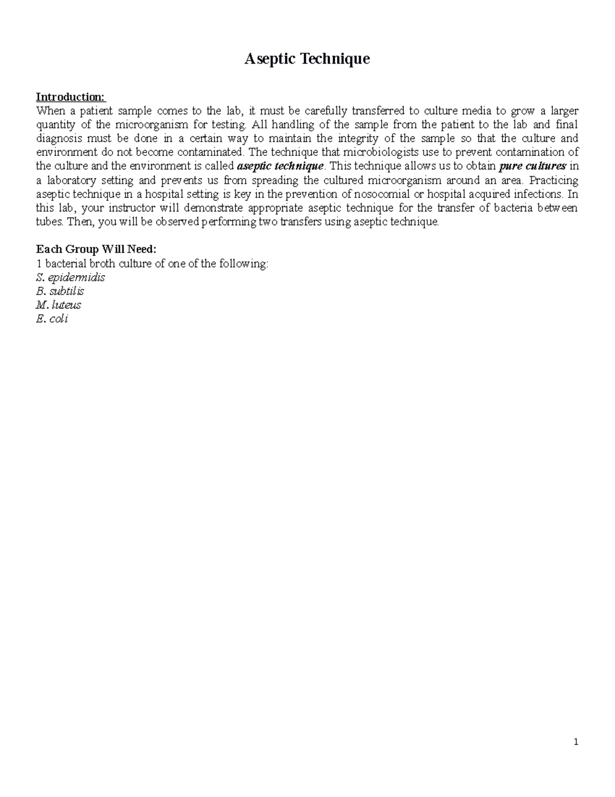 Aseptic Technique - lab - Aseptic Technique Introduction: When a ...
