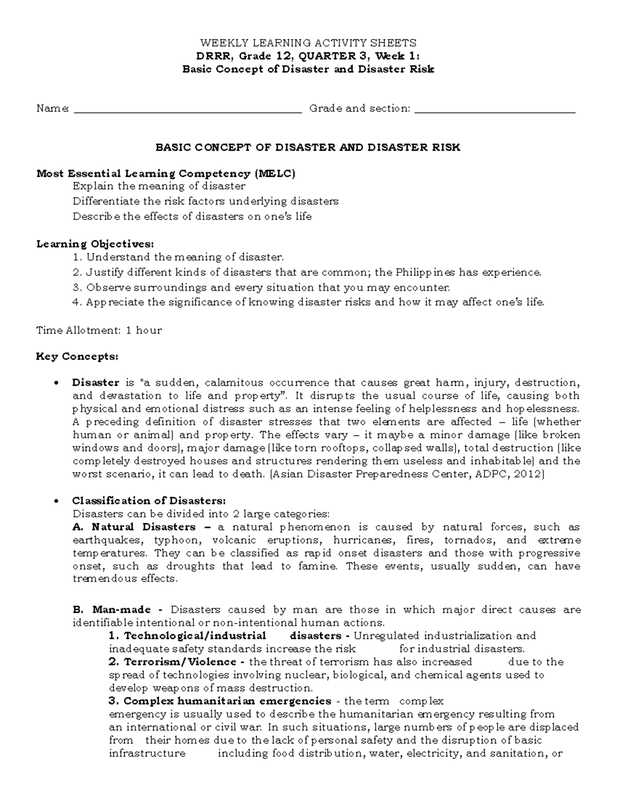Q3 Week 1 - Disaster Readiness and Risk Reduction - LAS 1 - WEEKLY ...