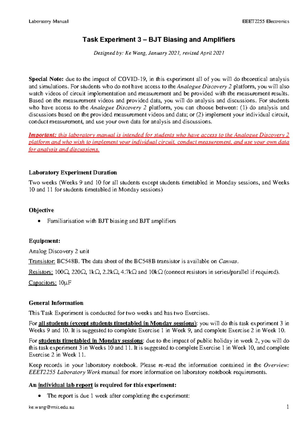 EEET2255 Lab Manual 2021 - Lab 3 BJT Biasing & Amplifiers Report - Studocu