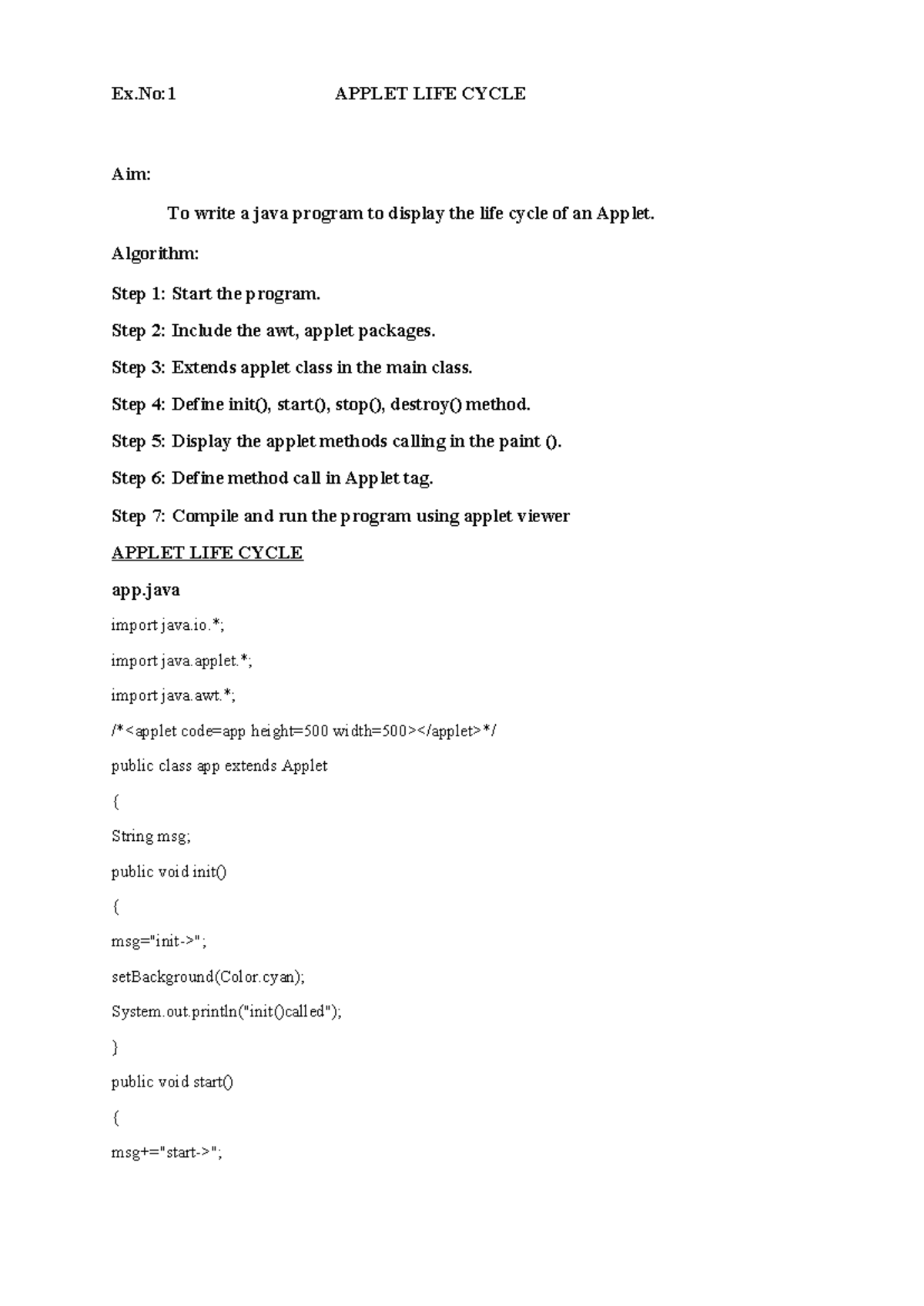 Java Lab - LAB PROGRAMS: Applet Life Cycle & Event Handling - Studocu