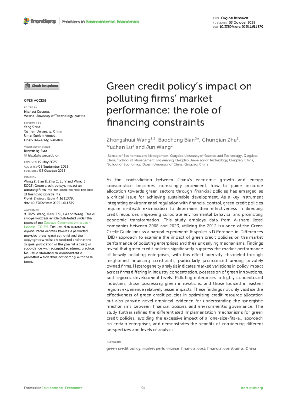 Green Credit Policy and Its Impact on Polluting Market Performance ...