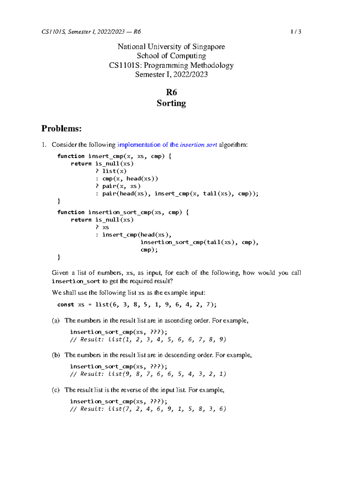 CS1101S: Programming Methodology Semester I, R6 - Sorting Algorithms Reflection - Studocu
