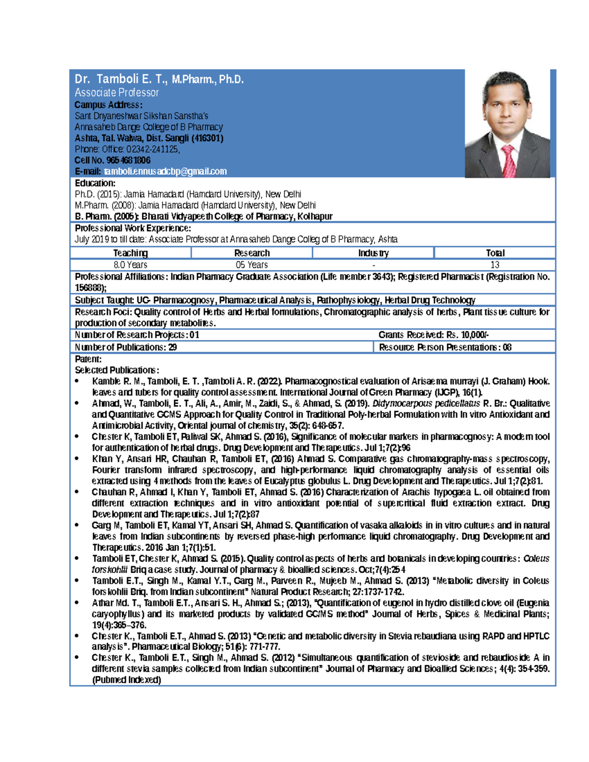 Profile of Dr. E. T. Tamboli, M.Pharm., Ph.D. - Associate Professor ...