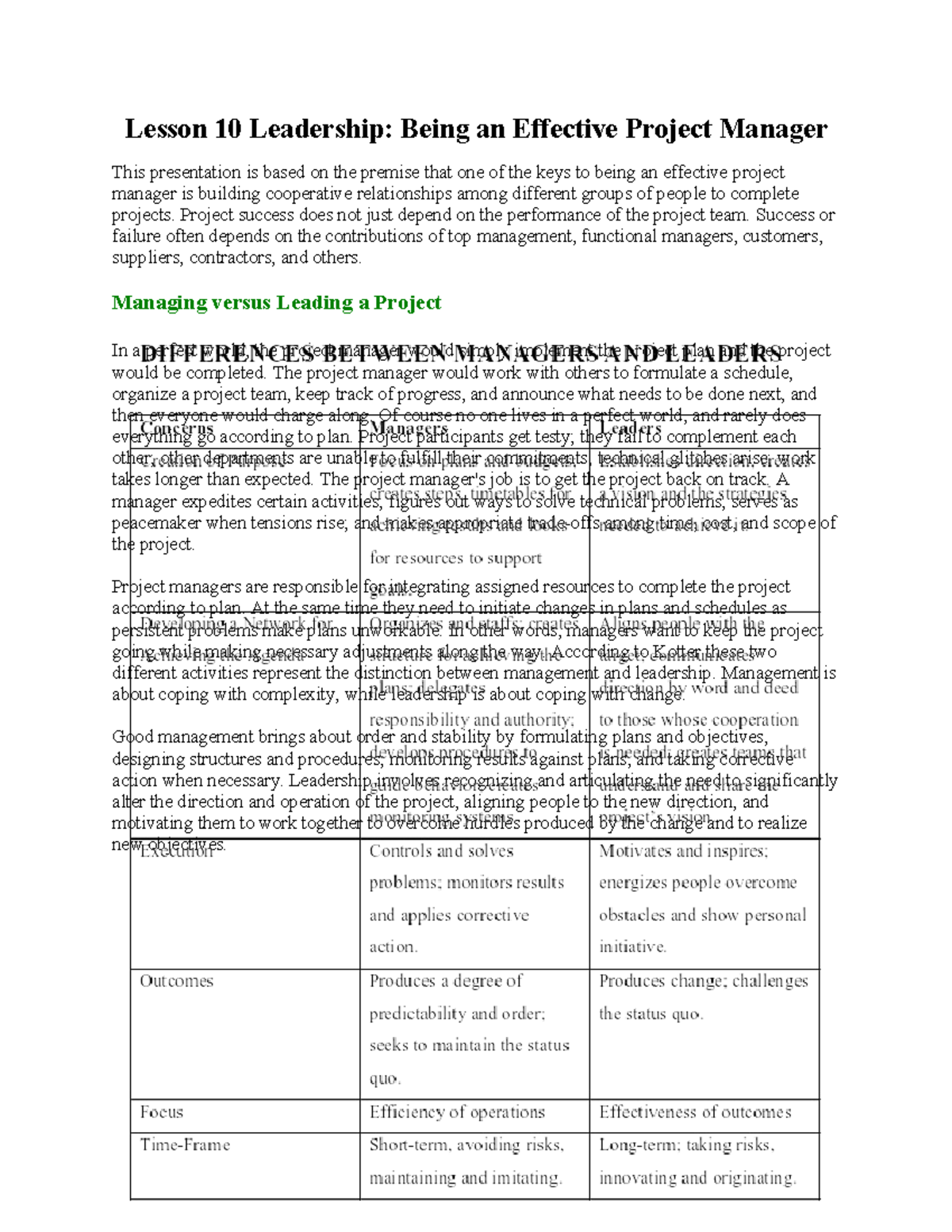Lesson 10 Leadership - Lesson 10 Leadership: Being an Effective Project ...