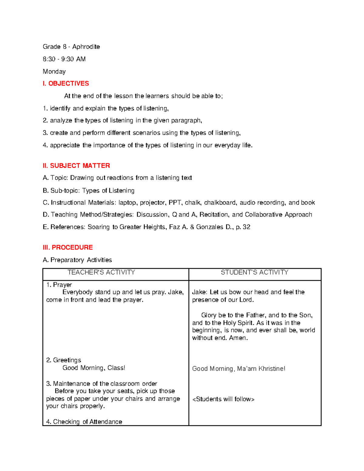 Grade 8 (11) - SAMPLE LESSON PLAN on Types of Listening - Studocu