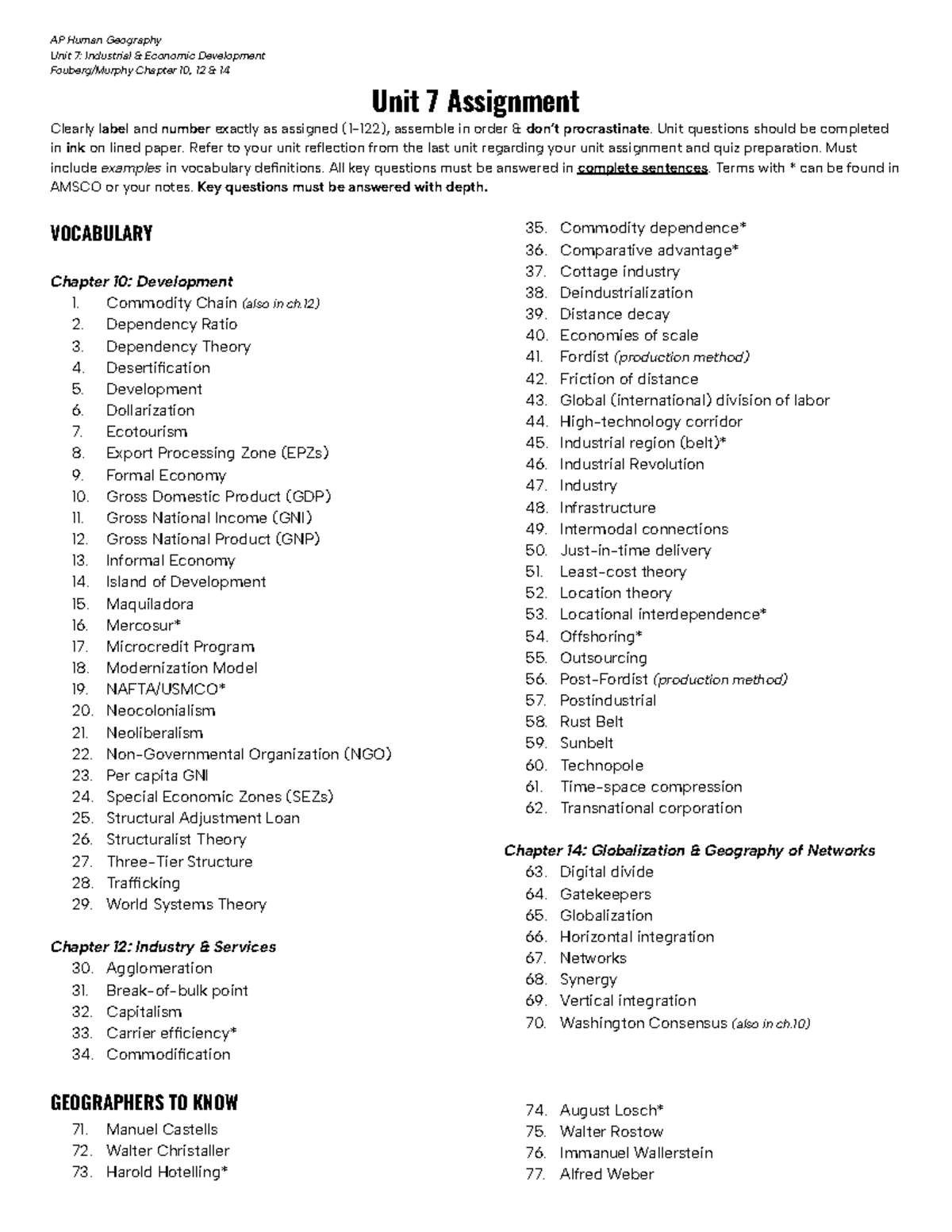 AP Human Geography (APHG) Unit 7: Industrial Economic Dev. Assignment ...