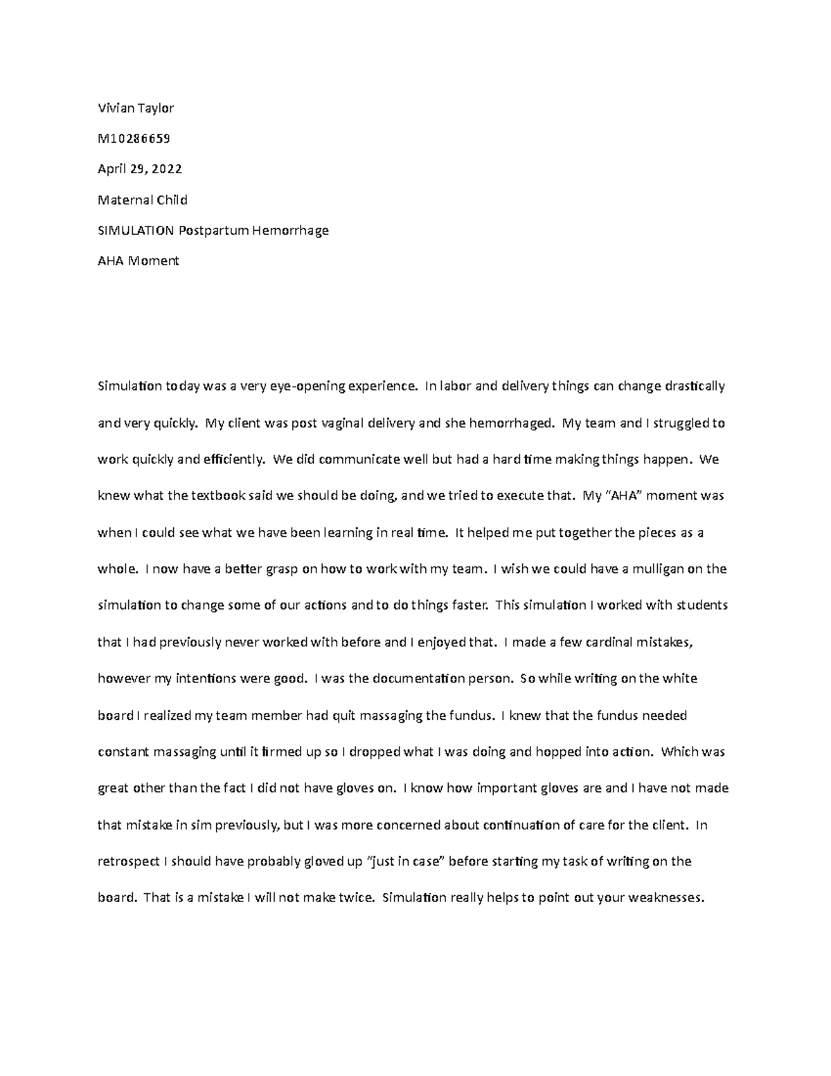Simulation aha moment PPH - Vivian Taylor M April 29, 2022 Maternal ...