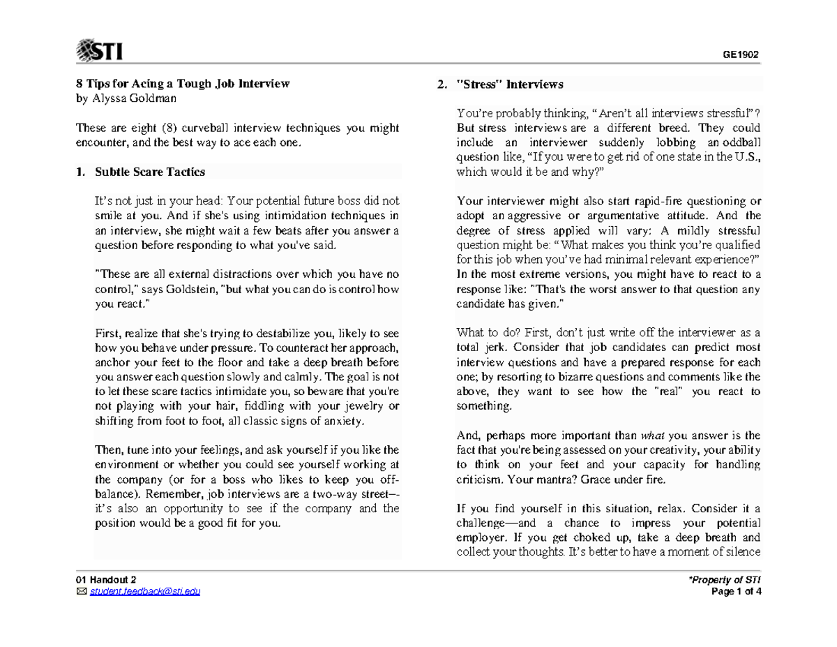 01 Handout 2 - 01 Handout 2 *Property of STI 8 Tips for Acing a Tough ...