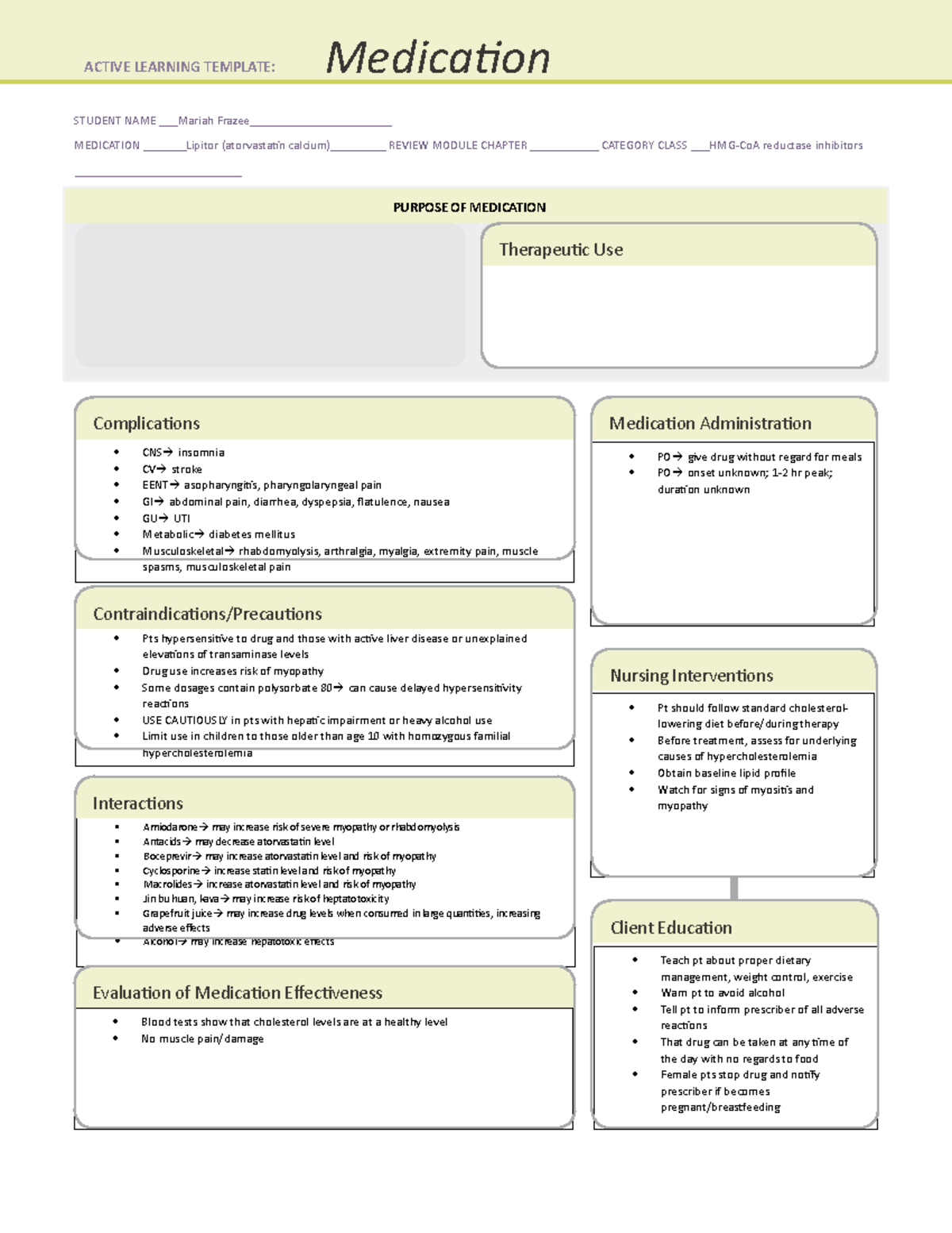 Lipitor Medication Card for Simulation & OB Clinical Experience - Studocu
