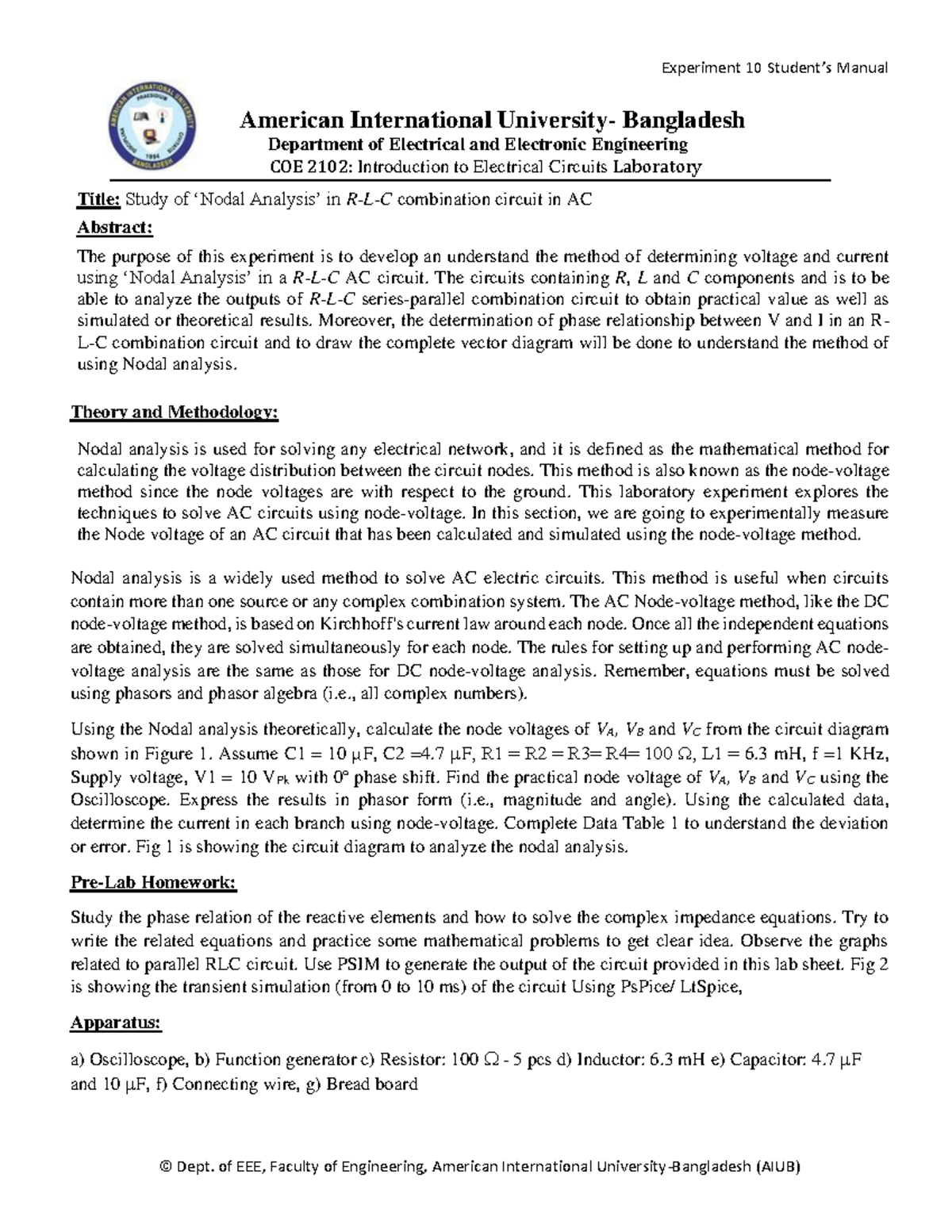 IEC LAB EXP 10: Nodal Analysis in R-L-C Circuits Using AC Theory - Studocu